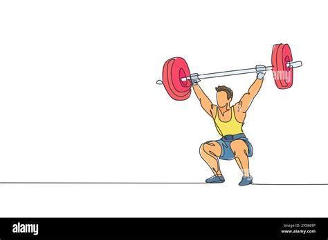Single Continuous Line Drawing Of Young Strong Weightlifter Man
