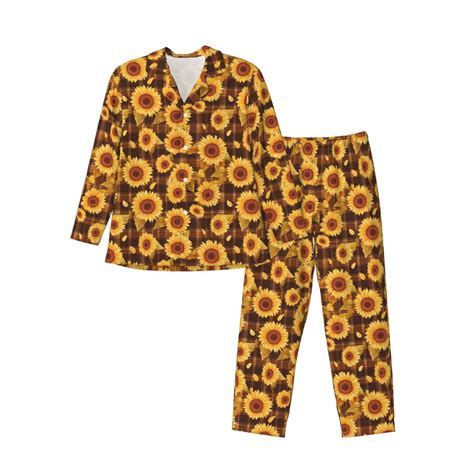 Vsdgher Vintage Brown Plaid Sunflower Mens Pajama Set Soft Warm Long