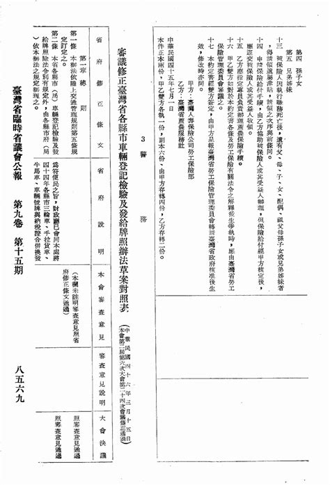 審議修正臺灣省各縣市車輛登記檢驗及發給牌照辦法草案對照表。