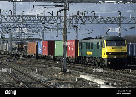 Class 90 Electric Locomotive Pulling Freightliner Train At Rugby