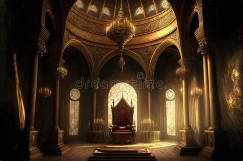 A Golden Filigree Throne Room In A Medieval Castle King Sitting On The