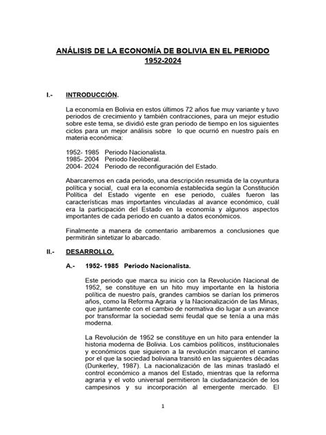 análisis de la economía de bolivia en el periodo comprendido entre 1952