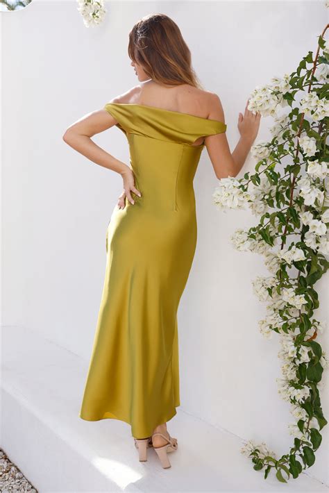 Stylish Season Off Shoulder Satin Midi Dress Olive Hello Molly