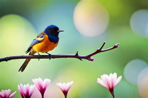 Premium Ai Image A Bird With A Blue Head And Yellow Breast Sits On A