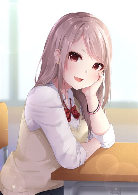Download Anime School Scenery Kawaii Girl On Desk Wallpaper