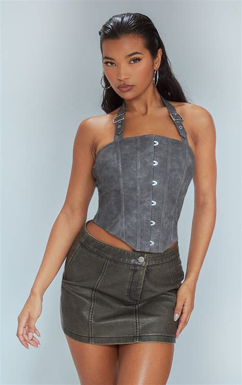 Black Hook And Eye Buckle Halterneck Boned Corset Tops Prettylittlething