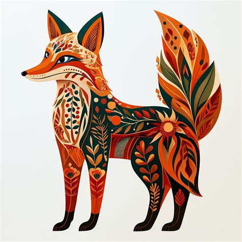 Vibrant Folk Art Stylized Fox Illustration Sticker Playground