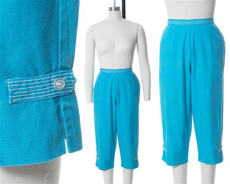 Vintage 1950s Capri Pants 50s Bright Blue Cotton White Chainstitch