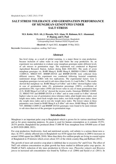 Pdf Salt Stress Tolerance And Germination Performance Of Mungbean