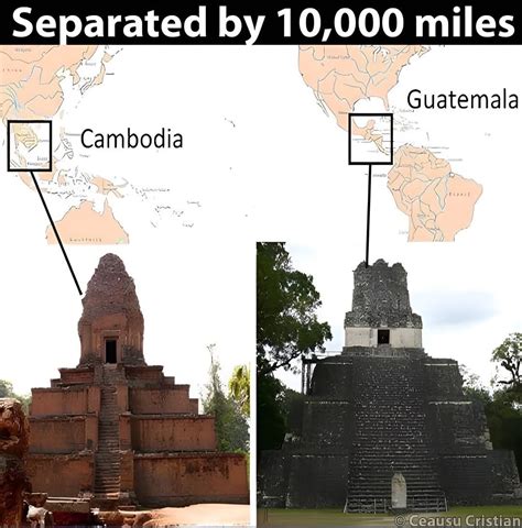 토탈 10000마일이라는 엄청난 거리를 두고 떨어져 있는 캄보디아와 과테말라의 이 사원들은 이상할 정도로 비슷해 보입니다 캄보디아 사원은 크메르 제국의 건축적 기량을