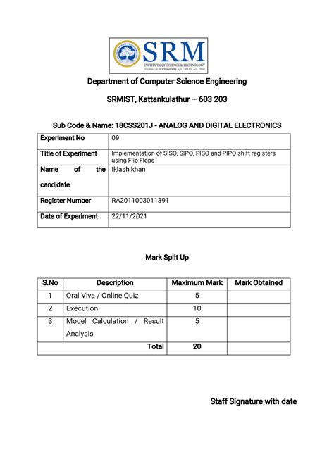 Implementation Of Siso Sipo And Pipo Shift Registers D E P A R T Me