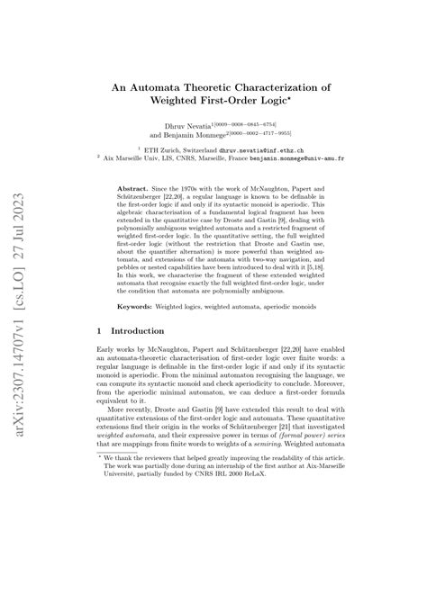Pdf An Automata Theoretic Characterization Of Weighted First Order Logic
