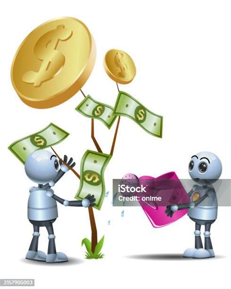 3d Illustration Of A Little Robot Business Success Planting Money Tree