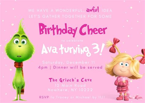 Pink Cindy Lou Grinch Invite Christmas Birthday Cheer Party Invitation