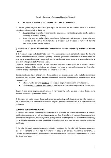 Tema 1 Concepto Fuentes Y Contenido Del Derecho Mercantil Tema 1