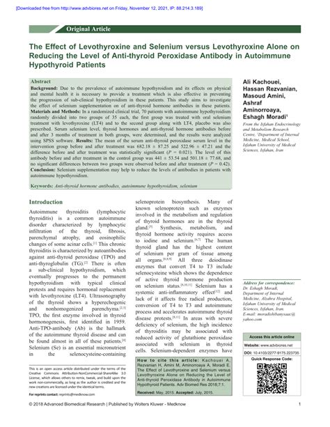 (PDF) Effect of Selenium-Enriched Yeast Supplementation on Serum Thyroid-Stimulating Hormone and ...