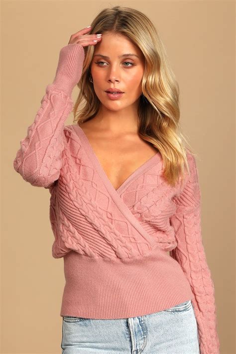 Pink Surplice Sweater Cable Knit Sweater Faux Wrap Sweater Lulus