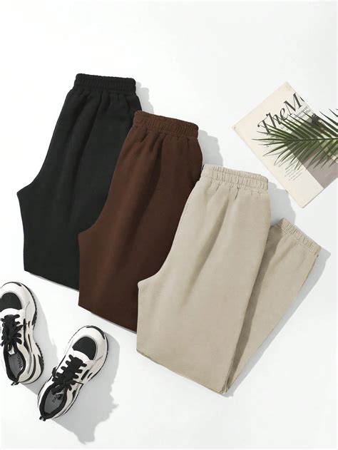 Shein Ezwear بناطيل رياضي موحدة اللون خصر مرن 3 قطع شي إن