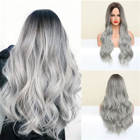 Peruca Wig Orgânica Super Natural Ondulada Sem Franja Ombre Platinada