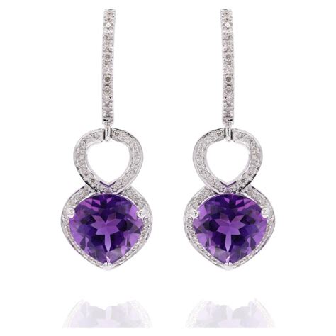 353 Ct Amethyst And Diamond Dangle Wedding Earrings In 18 Karat White