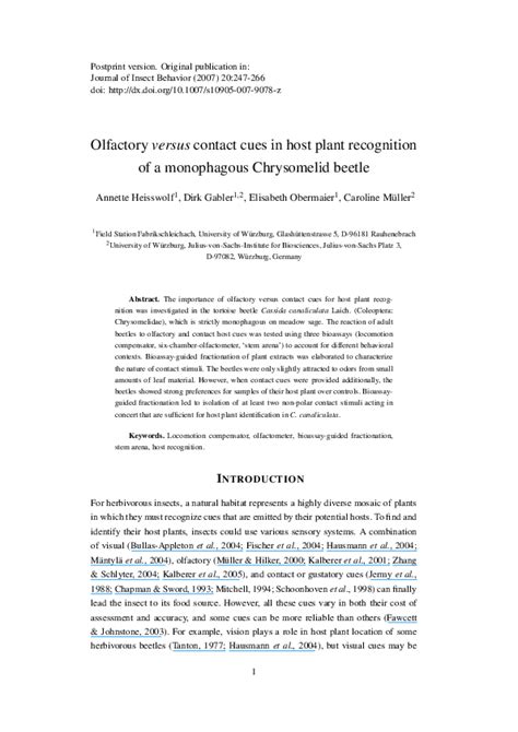 Pdf Olfactory Versus Contact Cues In Host Plant Recognition Of A