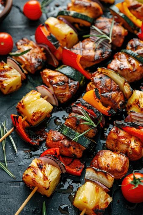 Grilled Chicken And Pineapple Skewers On A Rustic Table Stock Image