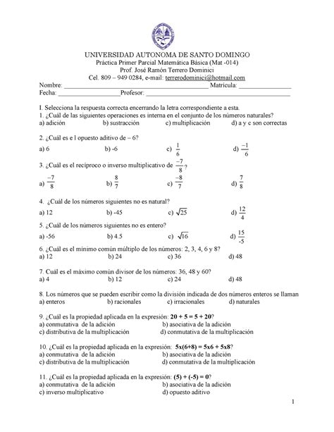 Guia Primer Parcial De Matematica Basica Mat 014 UNIVERSIDAD