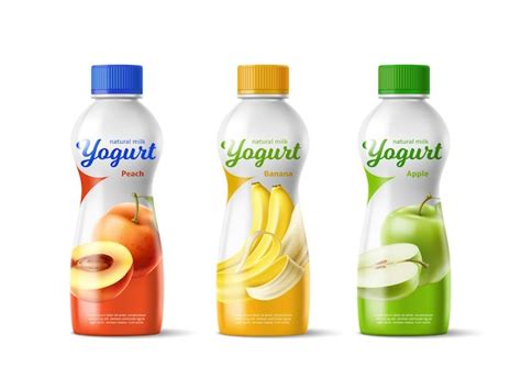 현실적인 마시는 요구르트 병 디자인 3d 발효유 제품 포장 과일 맛 복숭아 바나나와 사과 유제품 음료 맛 벡터 격리 플라스틱 식품 패키지 세트 프리미엄 벡터