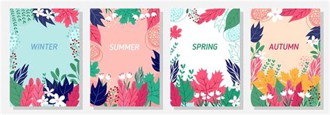벡터 세트 사계절 겨울 봄 여름 가을 꽃과 잎 디자인 템플릿 배너 커버 템플릿 엽서 가을에 대한 스톡 벡터 아트 및 기타 이미지 Istock