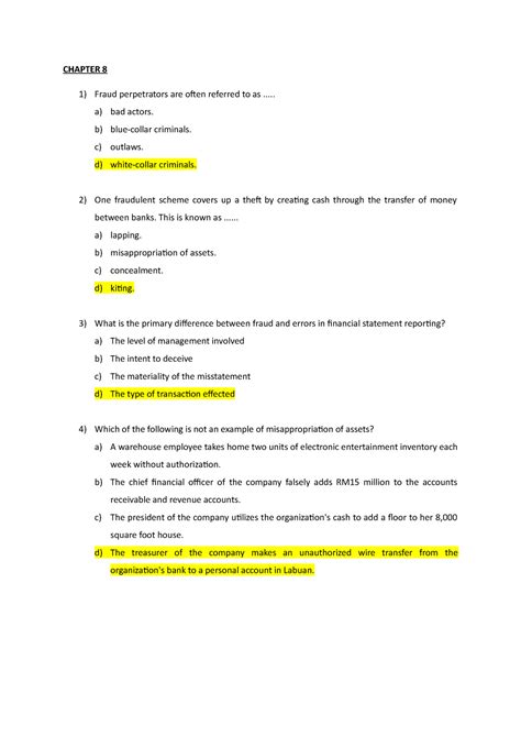 AIS615 Chapter 8 Exercises CHAPTER 8 Fraud Perpetrators Are Often