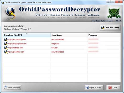 OrbitPasswordDecryptor Showing Recovered Passwords