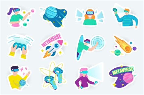 Metaverse Cute Stickers Set In Flat Cartoon Design Bundle Of Man And Woman In Vr Headset