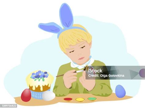토끼 귀와 금발 머리 붕대를 가진 독일 소년은 부활절에 대한 계란을 페인트 갈색 머리에 대한 스톡 벡터 아트 및 기타 이미지