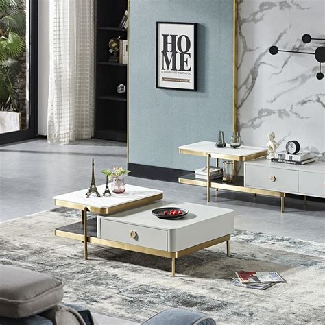 Modern White Coffee Table With Storage Sintered Stone Top Stainless