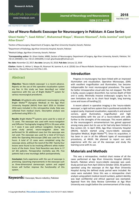 Pdf Use Of Neuro Robotic Exoscope For Neurosurgery In Pakistan A Case Series