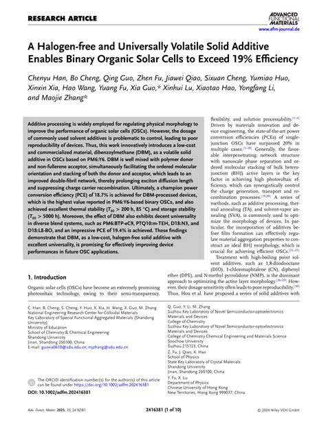 A Halogen‐free And Universally Volatile Solid Additive Enables Binary Organic Solar Cells To