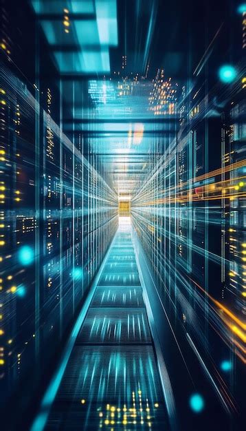 Dynamic Digital Information Flow In A Futuristic Data Center Showcasing Technology And