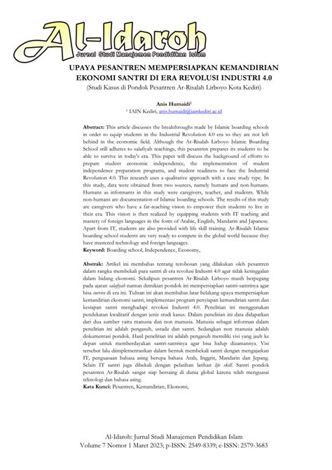 Pdf Upaya Pesantren Mempersiapkan Kemandirian Ekonomi Santri Di Era