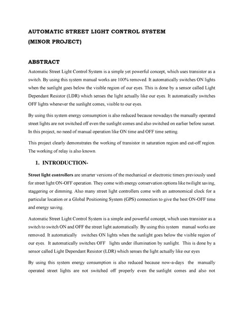 Automatic Street Light Control AUTOMATIC STREET LIGHT CONTROL SYSTEM MINOR PROJECT ABSTRACT