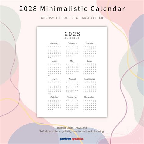 2028 Minimalist Printable Single Page Calendar Vertical Calendar