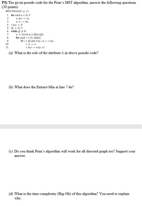 solved 2 3 p3 the given pseudo code for the prim s mst