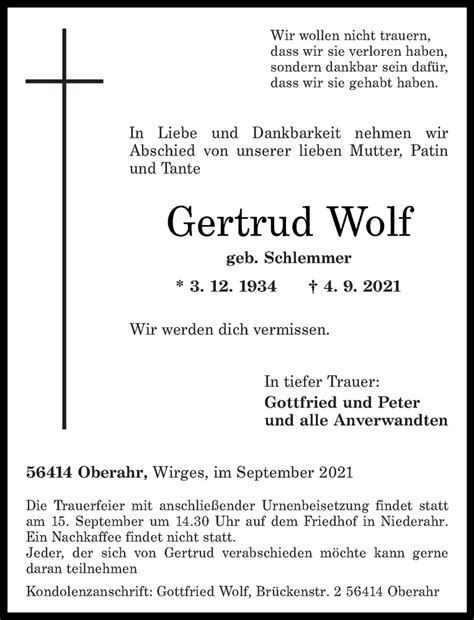 Traueranzeigen Von Gertrud Wolf Rz Trauerde
