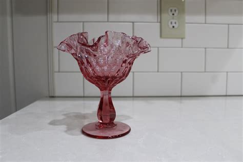 Vintage Fenton Colonial Pink Glass Thumbprint Double Crimped Footed
