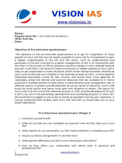 Pre Interview Questionnaire Pdf Anxiety Self