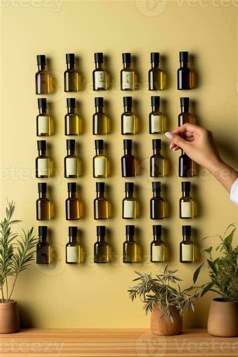 Artisan Hand Applying Labels To Olive Oil Bottles Isolated On A Pastel