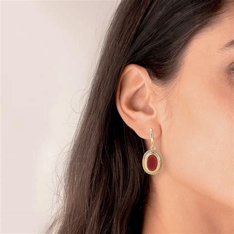 Large Red Oval Stone Drop Earrings Classy Women Collection