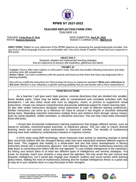 Appendix 4a Teacher Reflection Form For T I Iii For Rpms Ruiz Pdf