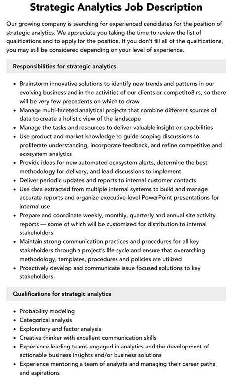Strategic Analytics Job Description Velvet Jobs