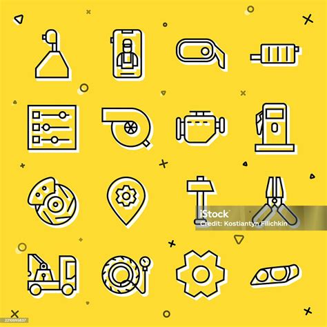 라인 자동차 헤드 라이트 배터리 점퍼 전원 케이블 가솔린 또는 주유소 백미러 자동차 터보 차저 설정 기어 시프터 및 엔진 확인 아이콘을 설정합니다 벡터 거울에 대한 스톡