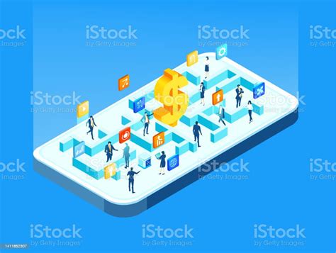 Isometric 3d Business Concept Environment Business People Are Working In Labyrinth Around Golden